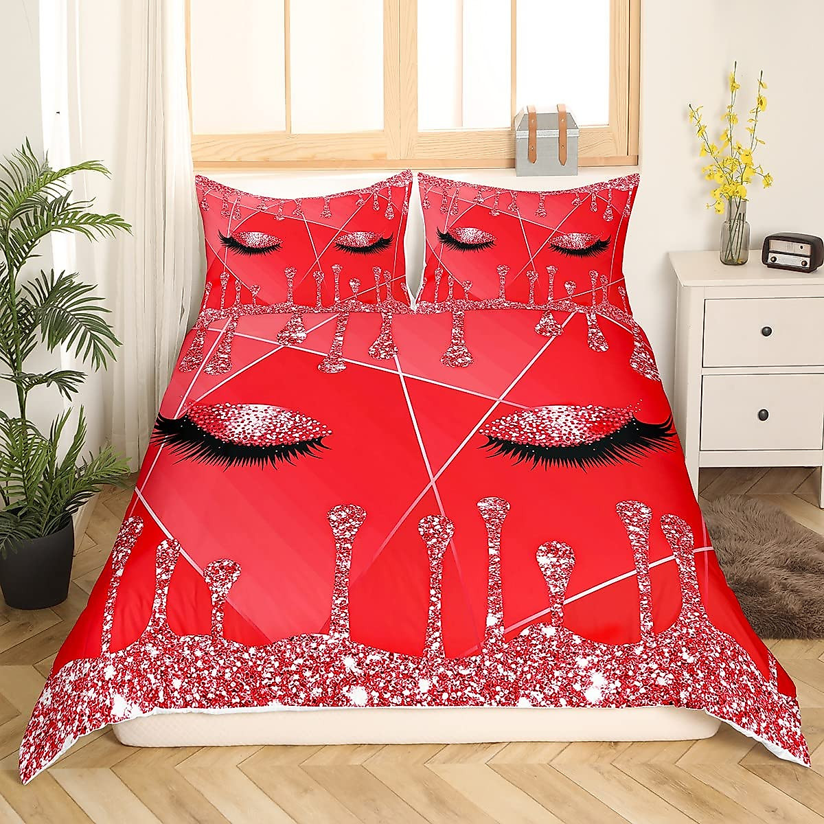 Feelyou Eyelash Duvet Cover Eyes Pattern Design Comforter Cover Glitter Print (No Glitter) Red Bedding Set for Adults Modern Simple Lovely Bedspread Cover Ultra Soft Quilt Cover 3Pcs Queen Size
