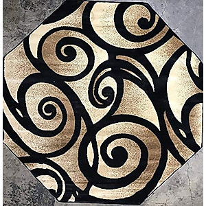 Bellagio Modern Octagon Contemporary Area Rug Black Swirl Design 341 (4 Feet X 4 Feet )