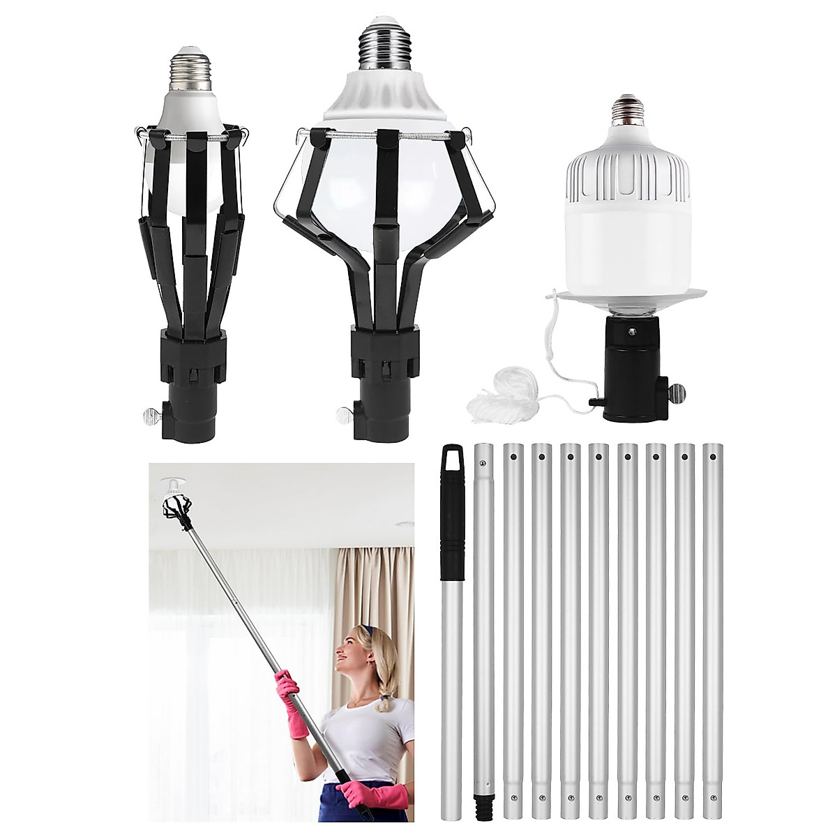 hveryppy Light Bulb Changer for high Ceilings, Light Bulb Changer with Baskets and Suction Cup, 13FT Assembled Light Bulb Extension Pole Changer,high Reach Light Bulb Changer for Household