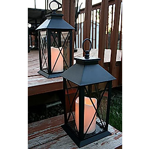 Decorative Black Lantern with Cross bar Design - LED Flickering Flameless Pillar Candle with 5 Hour Timer Included - Indoor/Outdoor Lantern - 13" - Pack of 6