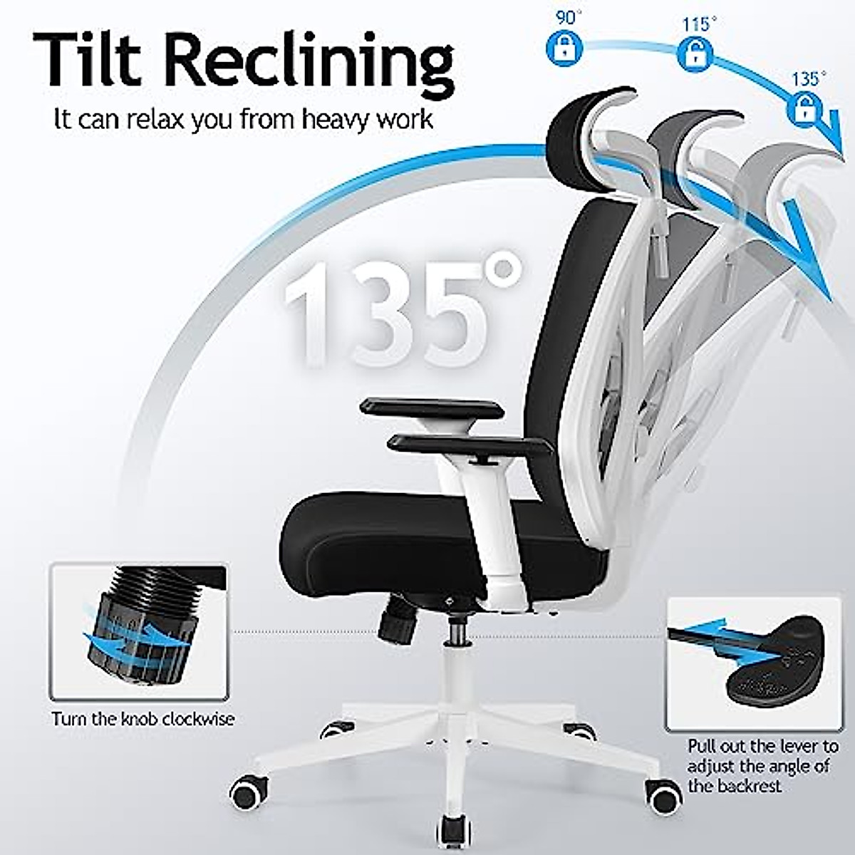 KERDOM Ergonomic Office Chair, Rolling Swivel Executive Desk Chair, Breathable Mesh Gaming Chair with Adjustable Headrest, 3D Armrest and Lumbar Support for Home Office White