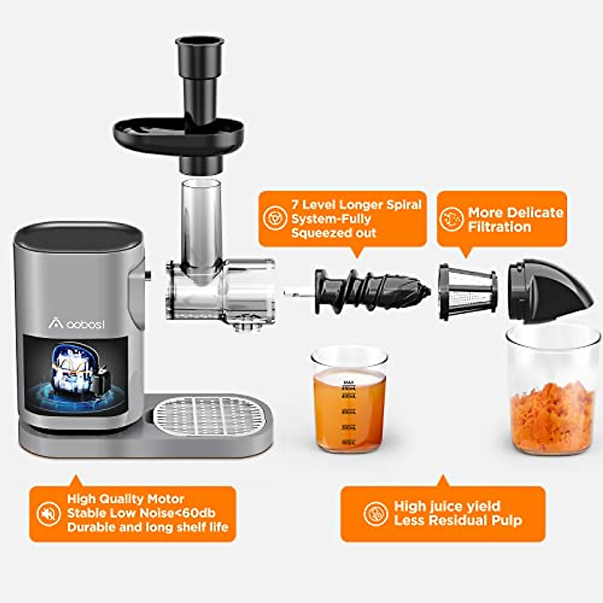 Juicer Machines, AAOBOSI Slow Masticating Juicer with Quiet Motor/Reverse Function/Easy to Clean Brush - Delicate Crushing Without Filtering - Cold Press Juicer for Fruit and Vegetable, Gray