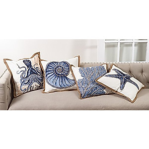 SARO LIFESTYLE 5433.NB20S Nautical Star Fish Print Down Filled Throw Pillow, Navy Blue, 20"