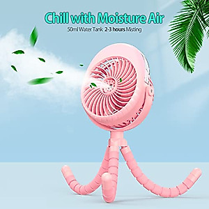 Stroller Fan with Mist, 2500mAh Personal Misting Fan Portable, 3 Speed 270° & 360° Rotatable Mister Fan for Stroller Office Camping Hurricane Outage (Pink)