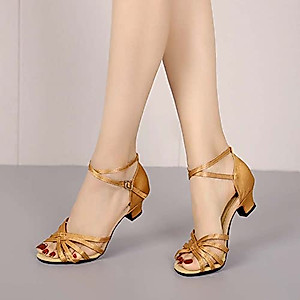DKZSYIM Women's Satin Latin Dance Shoes Ballroom Salsa Performance Practice Dancing Shoes,DY-WD-Beige-3.5,US 6.5