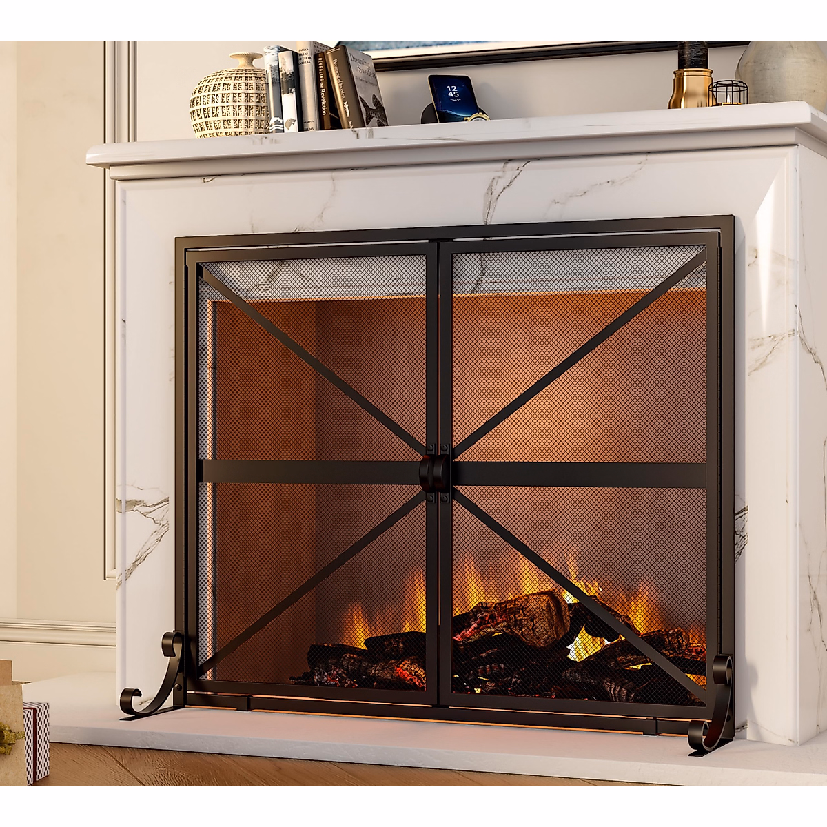 Fire Beauty Fireplace Screen with Doors, 2-Pannel Handcrafted Solid Wrought Iron Decorative Mesh,Baby Safe Proof Firewood Burning Stove Accessories(Black)