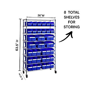 Heavy Duty Commercial Steel Wire Bin Storage Rack, Mobile, 24 Bins (Blue, 1 Pack)