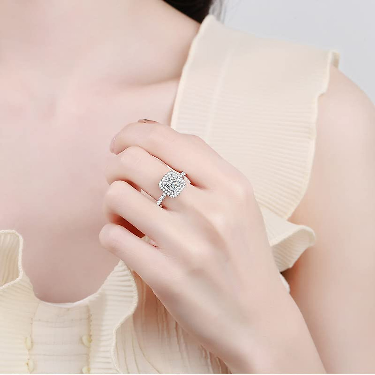 Engagement Ring for Women 1 Carat Center 7mm Classic Halo Style Cushion Shape Princess Cut Moissanite D Color VVS1 925 Sterling Silver with White Gold Plated Brilliant Cushion Moissanite Ring Size 6