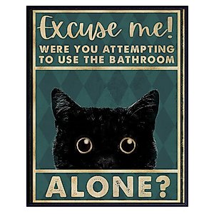 Cat Bathroom Wall Art & Decor - Funny Bathroom Wall Decor - Guest Bathroom - Restroom Sign - Excuse Me Bath Wall Decor - Unique Bathroom Decorations for Women, Kitty, Kitten Fan - Powder Room Wall Art