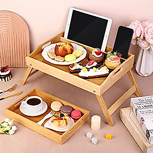Aodaer 2 Pack Natural Bed Table Tray with Folding Legs Breakfast Food Tray with Phone Tablet Holder Portable Serving Platters Tray with Handles Food Tray for Bed, Kitchen, Eating, Working