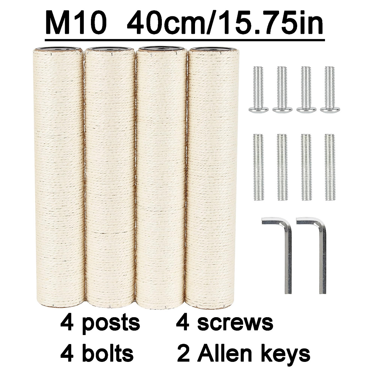 NEUMIHARO 4 Pcs 3.1in 7.9cm Diameter Cat Scratching Post Replacement Sisal Pole with Screws and Bolts and Wrench for Cat Tree Condo (40cm/15.75in, M10)