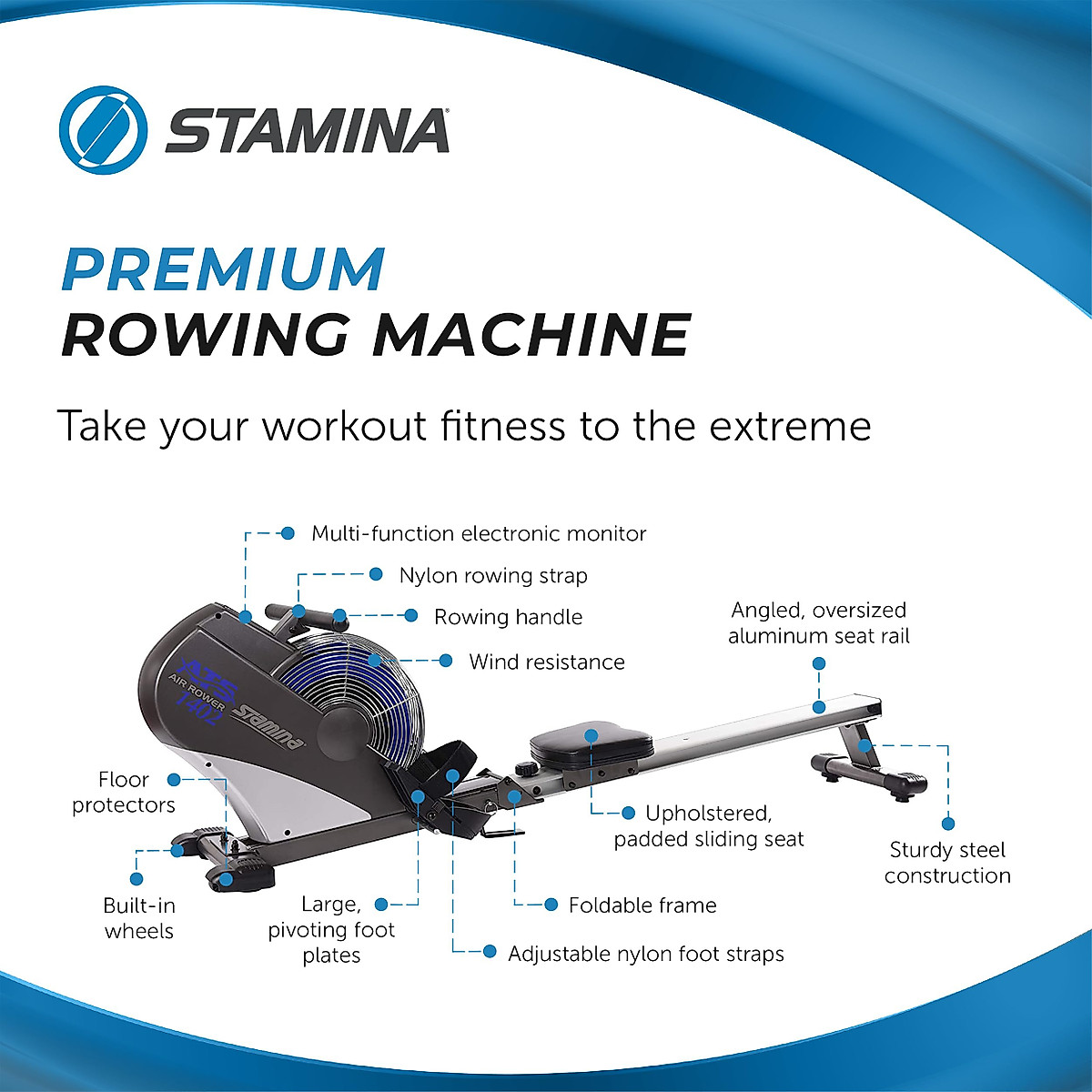 Stamina ATS Air Rower, Grey - Smart Workout App, No Subscription Required - Foldable Rowing Machine for Home Use