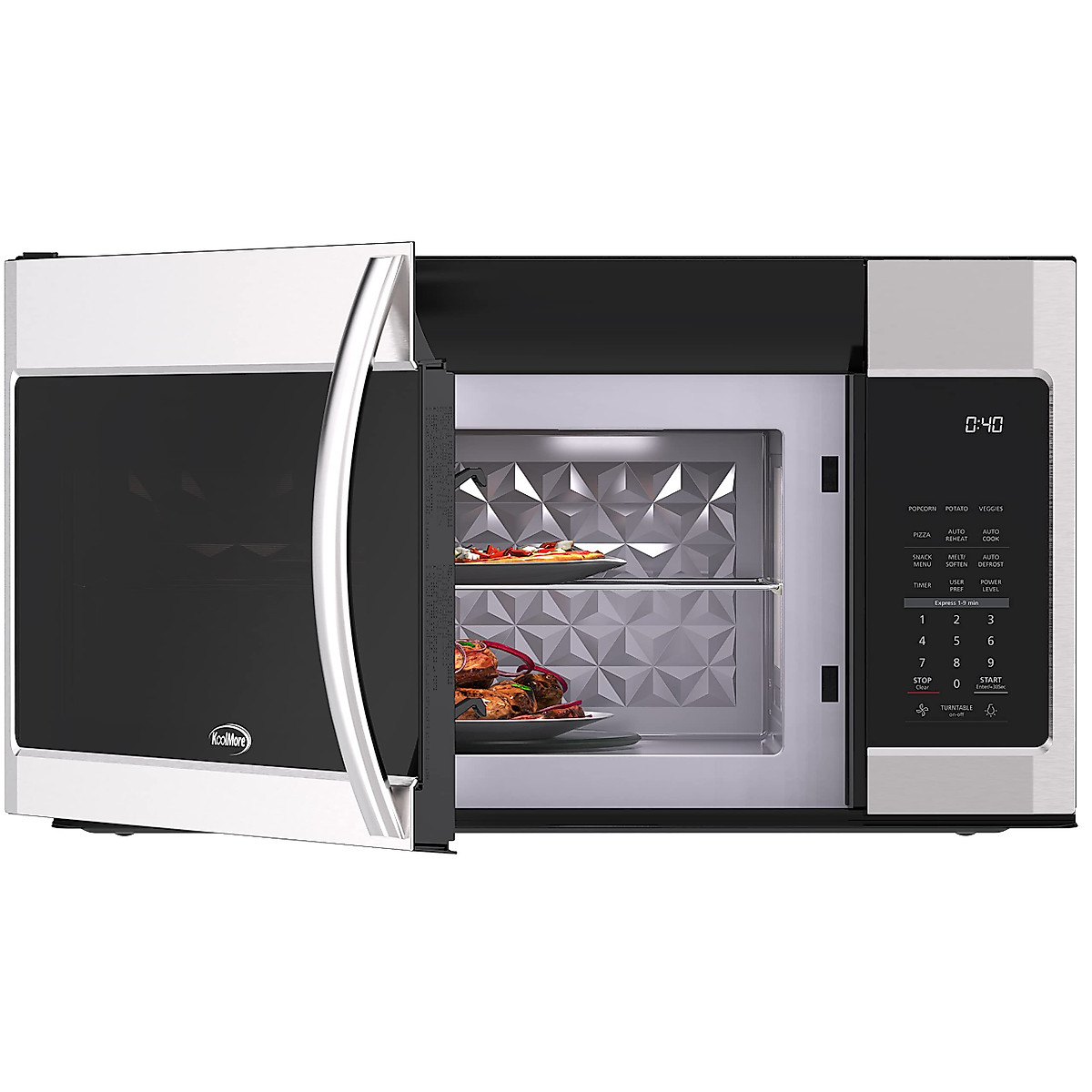 KoolMore KM-MOT-2SS Range Microwave Oven Lamp and 300CFM Recirculation Vent Hood, Auto Cook Menus, Reheat Function, 11 Power Levels, Timer, and Weight Defrost, 30 in/1.9 Cu. Ft, Silver