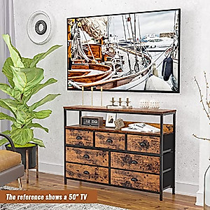 Furologee Dresser TV Stand, Console Sofa Table with 7 Drawers and 2-Tier Open Shelves, Entertainment Center for 45" TV, Storage Fabric Drawer Unit for Bedroom, Living Room, Entryway, Rustic Brown