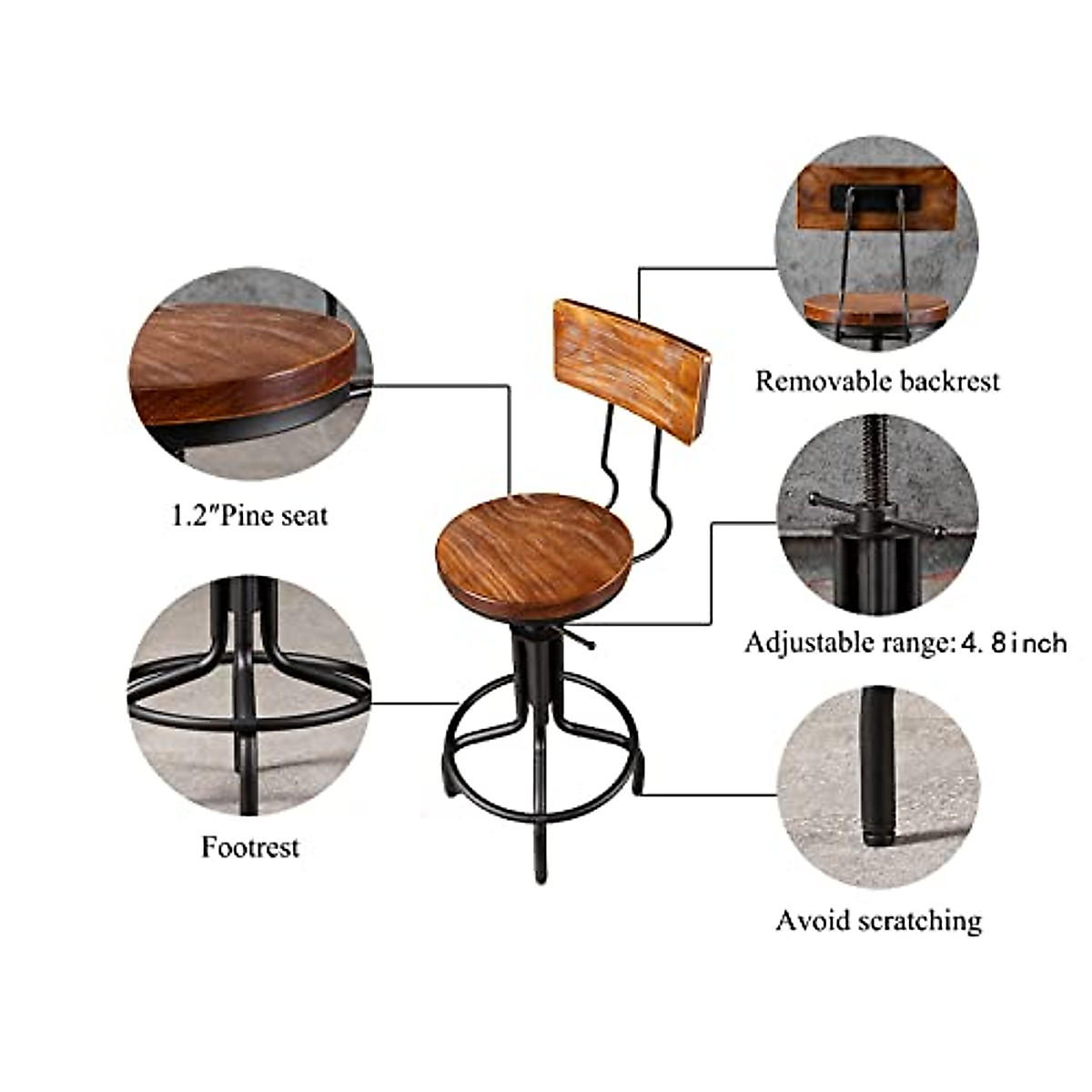 Lisuden Industrial Bar Stools with Backs, Industrial Farmhouse Bar Stools Swivel Stool Counter Kitchen Island with Stools Adjustable 20''-24'' Bar Stools Set of 2