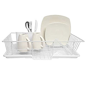 Sweet Home Collection Metal, Plasic 3 Piece Dish Drainer Rack Set with Drying Board and Utensil Holder, 12" x 19" x 5", White