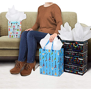 Fzopo Birthday Gift Bag Assortment with Ribbon Handle, 12 Pcs Premium Quality Assorted Sizes Paper Bags Set, XL 13x17x6.5, Large 12x15x4.8, Medium 7x9x4.2 inches, 6 Designs