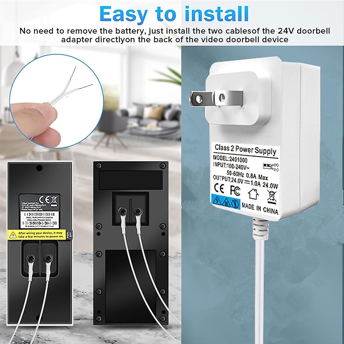DC24V1000mA Doorbell Transformer,for Ring Doorbell Transformer C Wire Adapter Thermostat, Compatible with Wyze, Ring, Nest Ecobee, Honeywell, Eufy and Nest Hello Video Doorbells,White 33 Foot Length