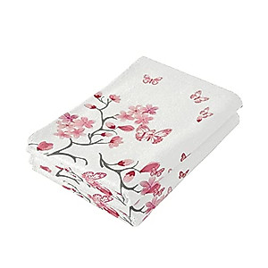Cherry Blossom Hand Towel Set of 2 Absorbent Pink Butterfly Floral Bath Towels Soft Cherry Blossoms Flower Fingertip Face Towel for Bathroom Kitchen Hotel Spa Decor Gift 28.3x14.4 Inch