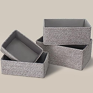 Recycled Wicker Storage Basket, Paper Rope Storage Baskets for Organizing Container Bins for Shelves Cupboards Drawer, Small Woven Basket Set of 4