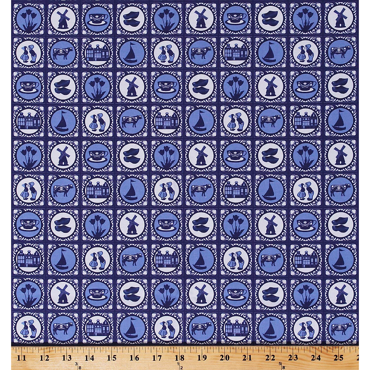 Cotton Dutch Tile Holland Scenes Windmills Tulips Wooden Shoes Netherlands Delft Blue Digital Cotton Fabric Print by The Yard (D573.43)