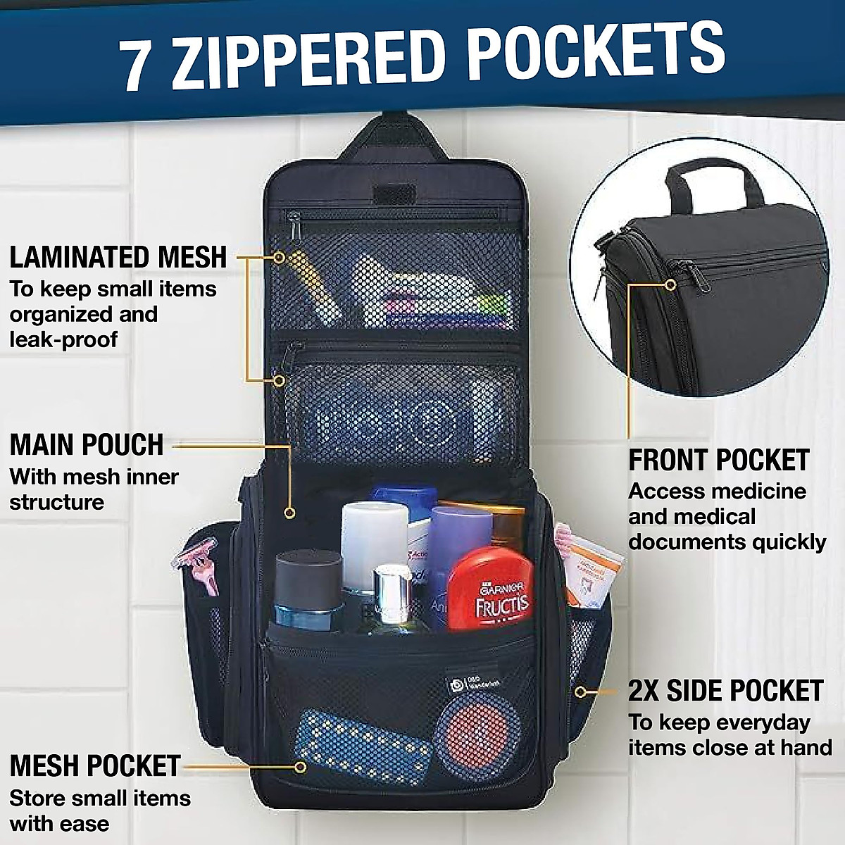 D&D Hanging Travel Toiletry Bag for Men and Women – Cosmetics, Makeup and Toiletries Organizer Kit with 10 Compartments, YKK Zippers, XXL Metal Swivel Hook, Water-Resistant Nylon