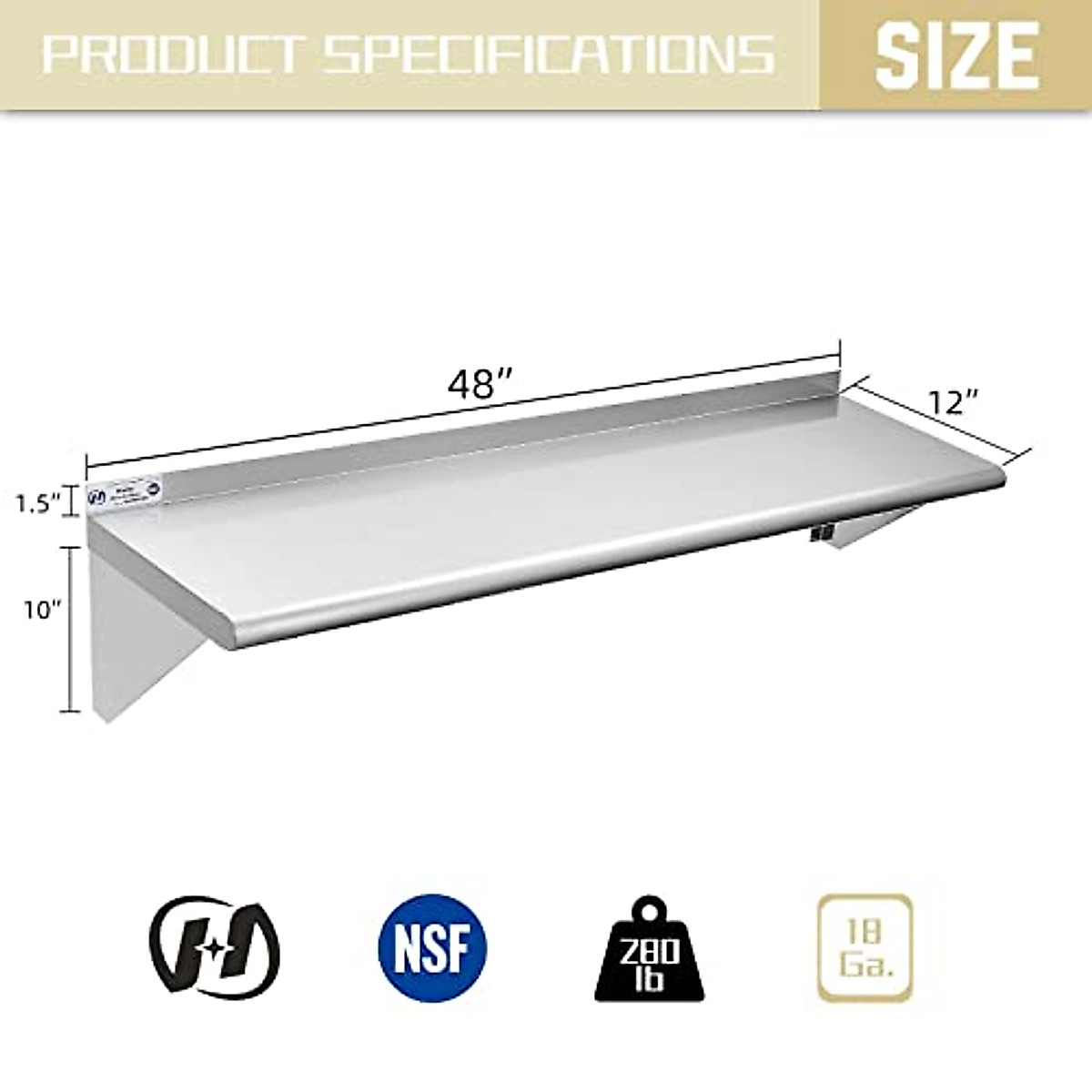 Hally Stainless Steel Shelf 12 x 48 Inches 280 lb, NSF Commercial Wall Mount Floating Shelving for Restaurant, Kitchen, Home and Hotel