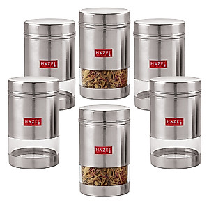 HAZEL Stainless Steel Transparent Glossy Finish See Through Container, Silver, Set of 6, 1200 Ml