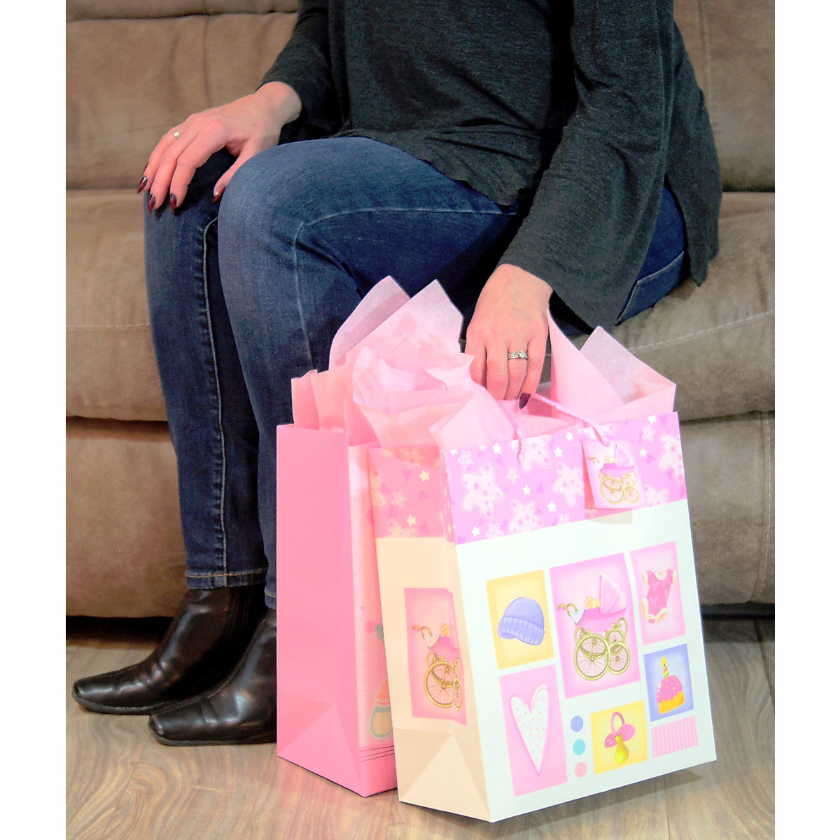 BagLove - Premium (2 Pack) Baby Girl Gift Bags with Tissue Paper - Large Gift Bags Perfect for Baby Showers, New Moms, Birthdays, Gender Reveals and More