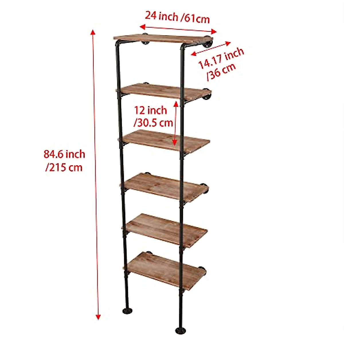 Industrial Pipe Shelving Solid Wood 6-Tier Pipe Shelves 24 inch Ladder Pipe Tall Bookshelf Industrial Floating Wall Shelves for Wall Decor 30 inch Depth Storage Rustic Shelves for Living Room Kitchen