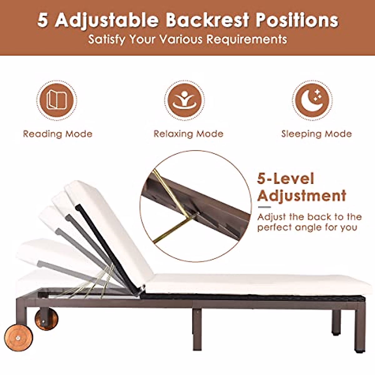 HAPPYGRILL Patio Chaise Lounge Chair Outdoor Rattan Lounger Recliner Chair Adjustable Position Folding Wicker Lounge Chair with Cushion & Wheels for Garden Patio Poolside