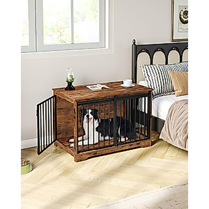 Hzuaneri Dog Crate Furniture, 39.4" Double Door Dog Crate with Barn Door, Dog Kennel Indoor, End Side Table Wooden Dog Crate for Small Medium Large Dog, Anti-Chew Anti-Escape, Rustic Brown DFC02301B