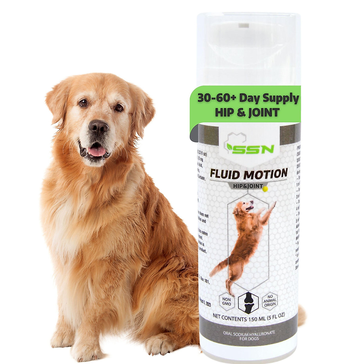 SSN Fluid Motion - Hyaluronic Acid for Dogs 30-60+ Day Supply - Liquid Joint Supplement for Senior Dogs - Apple Flavor - Hip & Joint Support, Mobility, and Comfort - Glucosamine Alternative (150ml)