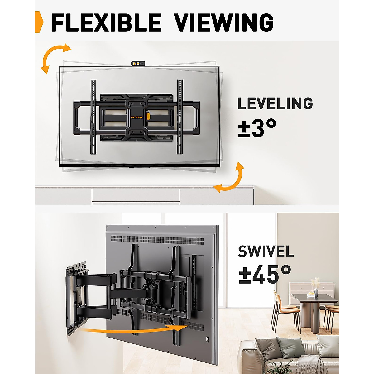 Perlegear Full Motion TV Wall Mount for Most 37-82 inch Flat Curved Screen up to 100 lbs, 12"/16" Wood Studs, TV Mount Bracket with Dual Articulating Arms, Swivel, Tool-Free Tilt, Max VESA 600x400mm