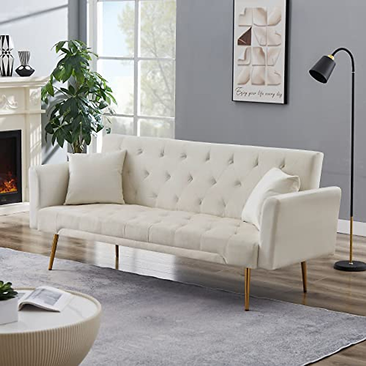FANYE Tufted Daybed,Modern Convertible Futon & Sofabed,Soft Velvet Upholstered Metal Legs Loveseat Sofa Convenient Nap Sleeper Couch Bed for Home Office Apartment Living Room Furniture Sets, Beige