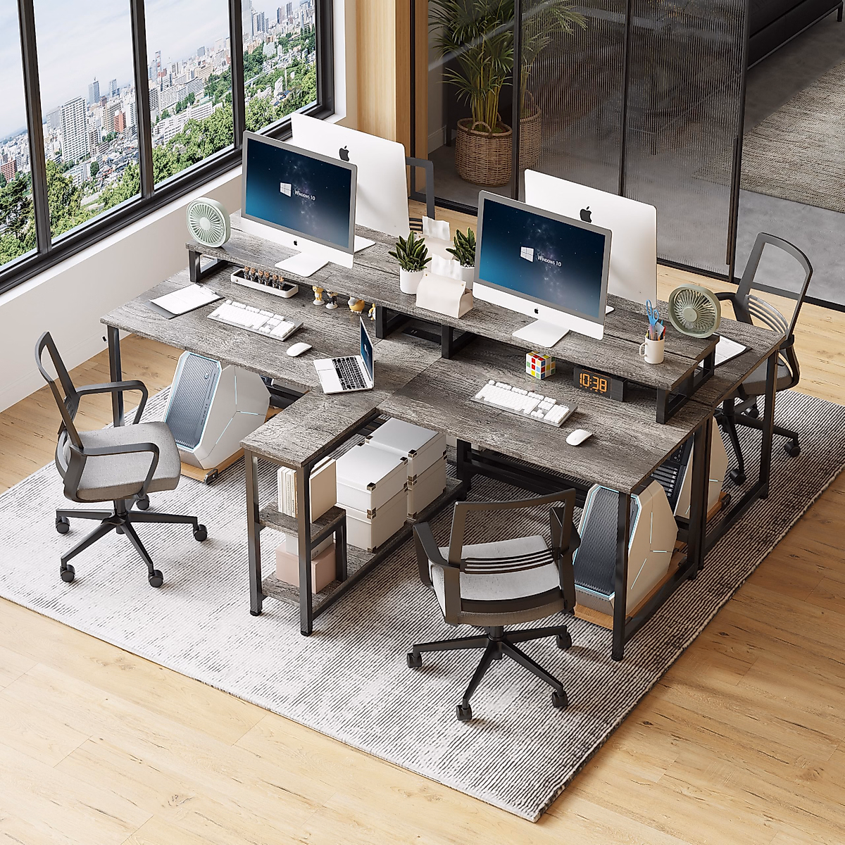 COTUBLR Two Person Desk with Monitor Stand, 83.7 Inch Extra Long Computer Desk 2 Person Desk with Storage Shelves, Double Long Desk Study Writing Desk Workstation for Home Office, Grey Oak