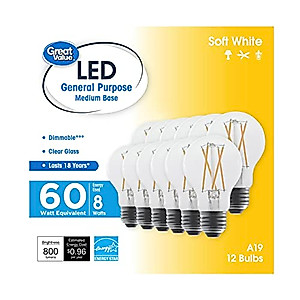 Great Value LED General Purpose Medium Base, A19 60W, Clear Glass, 12 pk.