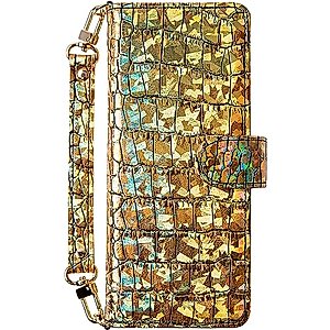 Qoosan Genuine Leather for Galaxy Z Fold 5 Case with Strap Card Holder Hinge Protection Wallet Case, Gold