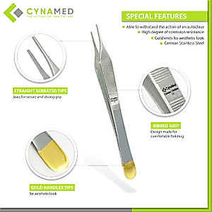 Cynamed Set of 2 Adson Forceps with Gold Handle - 6 in. Straight Fine Point Surgical Veterinary Instruments (Serrated)