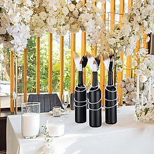 Umigy 49 Pcs Roaring 20s Party Decorations 8 Matte Coated Glass Wine Bottles 40 Dipped Feather 16.4 feet Long String of Pearls Bead for 1920s Themed Wedding Cake Table Centerpiece (Black)