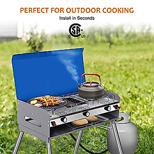 Camplux Propane Camping Stove 2 Burners & 1 Grill, Portable Outdoor Gas Stove, Auto-Ignition Camping Stove with Regulator, Total Power at 15,000 BTU