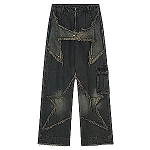 Aelfric Eden Women’s Star Jeans Y2K Unisex Streetwear Fashion Jeans Straight Fit Baggy Wide Leg Pants Causal Trousers
