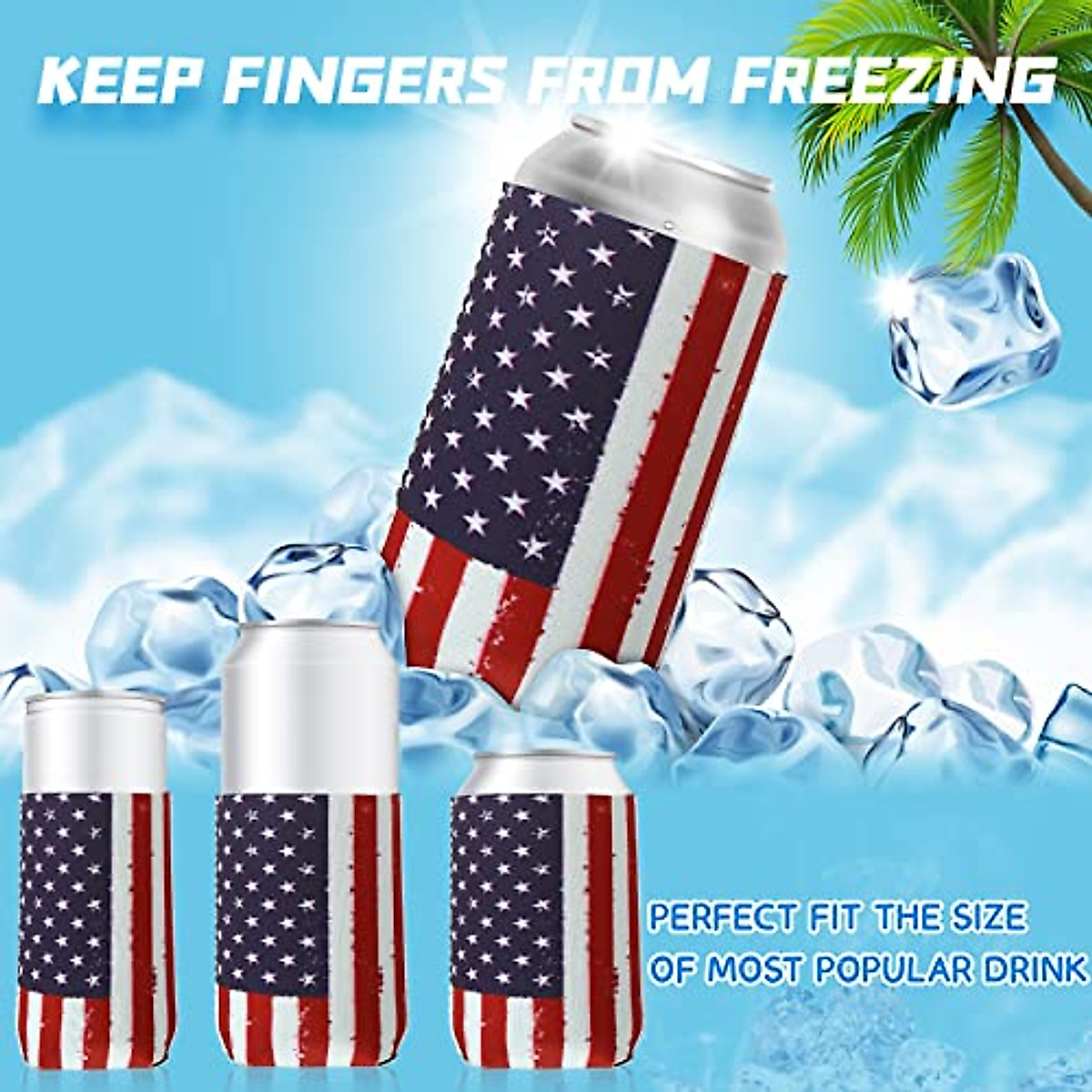 24 Pcs Summer Can Cooler Sleeves Reusable Usa Flag Can Cooler Collapsible American Flag Can Covers for Beer DIY Neoprene Beer Bottle Cooler Insulation with Stitches for Drink Holder Party, 12 oz