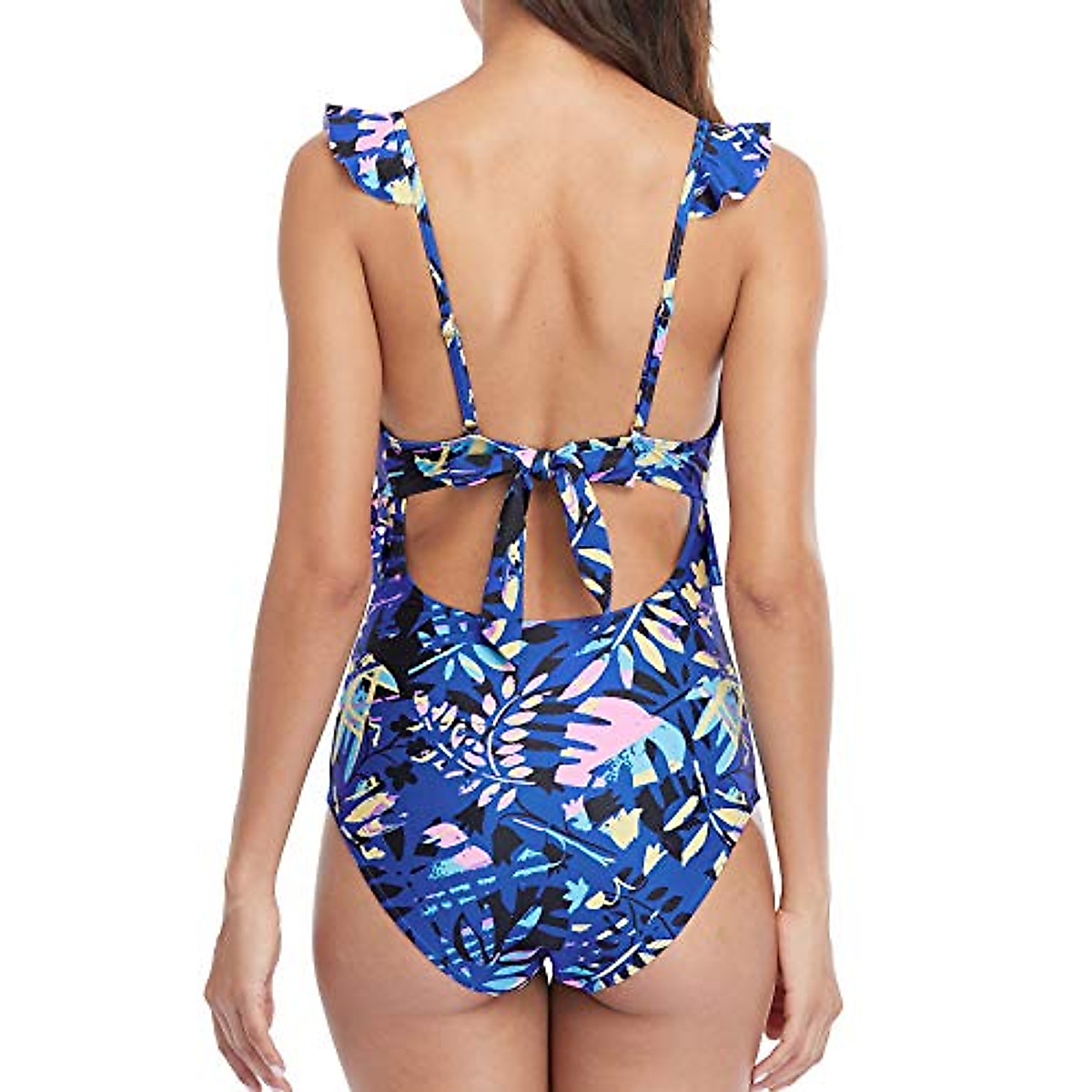 SOCIALA Womens Ruffle One Piece Swimsuit Cutout Strappy Monokinis Swimwear Bathing Suits(Medium, Navy Flower)