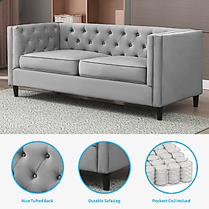 Mjkone Velvet Sofa 69'' W, Compact Loveseat Couch with Solid Wood Legs, Button Tufted Futon for Small Spaces, Mid-Century Modern Style Big 2 Seat Couch for Living Room, Apartment, Office - Dark Gray