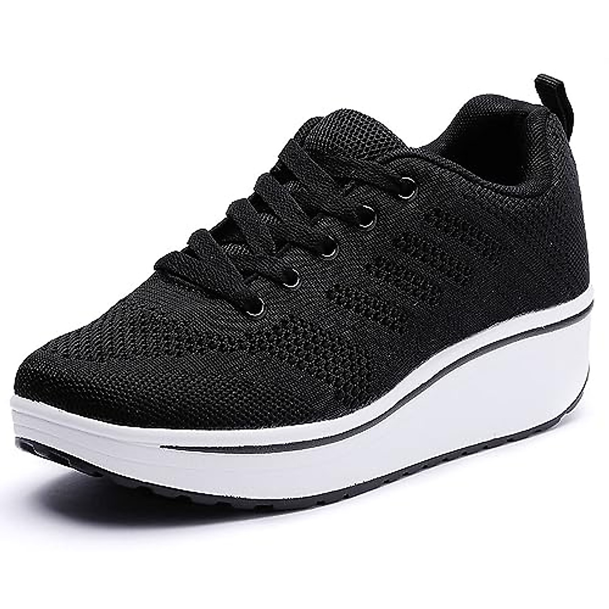 WUIWUIYU Womens Outdoor Casual Wedge Platform Mesh Lace-Up Sport Athletic Rocker Shoes Trainers Sneakers Black Size 5 M US