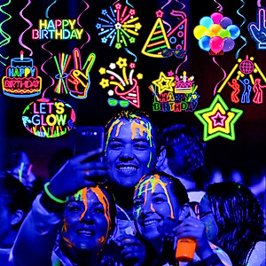 Neon Party Hanging Swirls Glow Birthday Decoration Neon Birthday Party Supplies Glow Neon Ceiling Streamers Glow in The Dark Decoration for Let's Glow Baby Shower Supplies