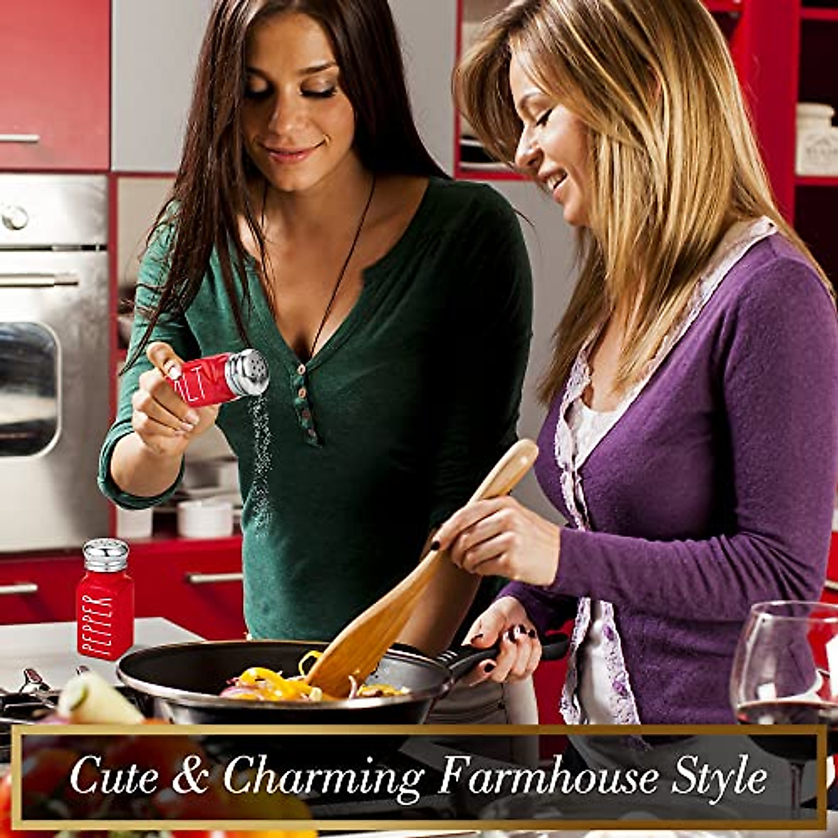 Red Salt and Pepper Shakers Set by Brighter Barns - Farmhouse Red Kitchen Decor and Accessories for Home Restaurants Weddings - Cute Modern Glass Christmas Red Shaker Sets & Stainless Steel Lid (Red)