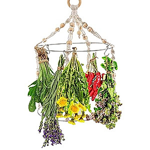 NULYUNZE Boho Herb Drying Rack, Hanging Herb Dryer Rack, Herb Drying Rack with 15 Hooks, Boho Handcrafted Macrame Mobile Hanging Drying Rack for Vanilla Herbaceous Plant