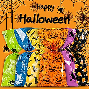 Whaline 150Pcs Halloween Cello Bags Cellophane Bags 6 Design with Twist Tie Candy Treat Bags Sweet Bags Pumpkin Spider Bat Bone Gift Bags Orange Party Favors for Halloween Day Table Decor